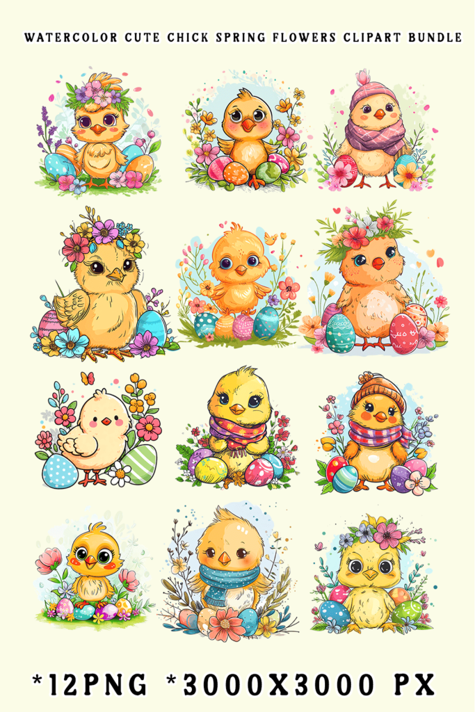 Cute Chick Spring Flowers Clipart Bundle - MasterBundles