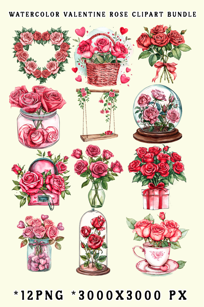 Watercolor Valentine Rose Clipart Bundle - MasterBundles