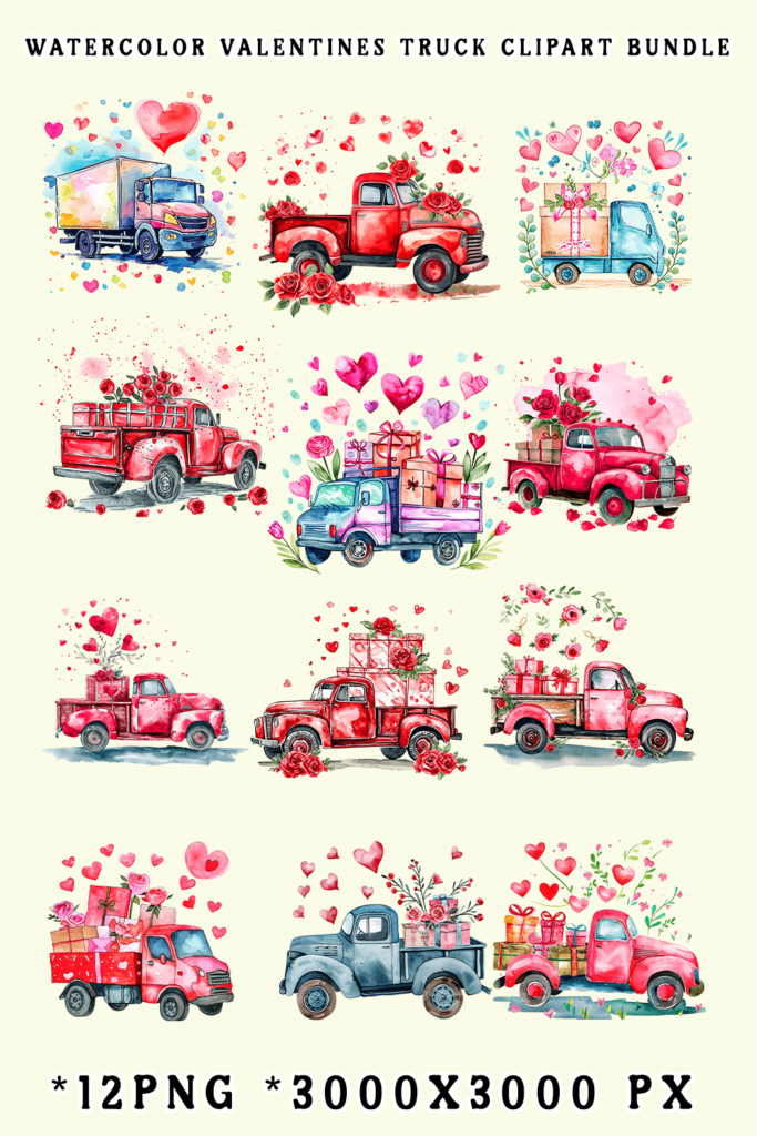 Watercolor Valentines Truck Clipart Bundle - MasterBundles