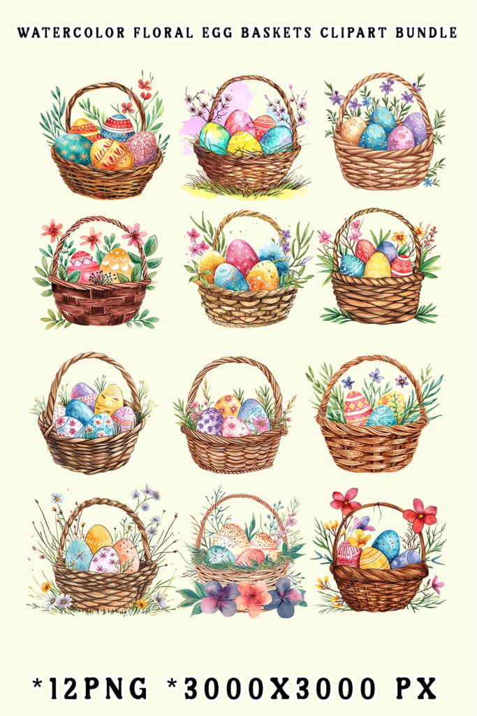 Watercolor Floral Egg Baskets Clipart Bundle - MasterBundles