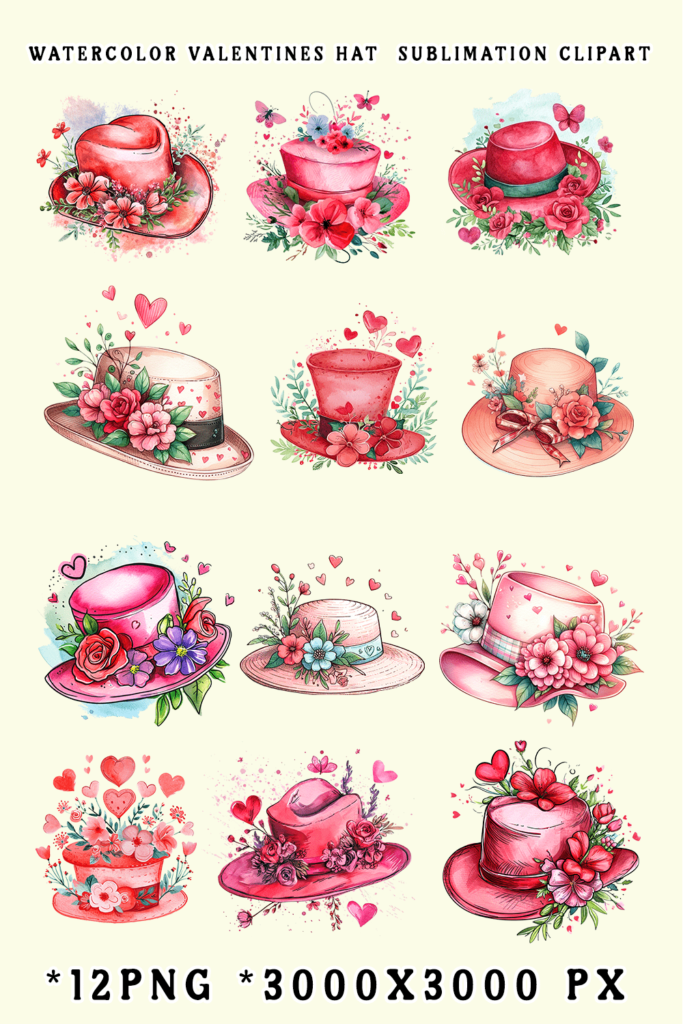 Watercolor Valentines Hat Clipart Bundle - MasterBundles