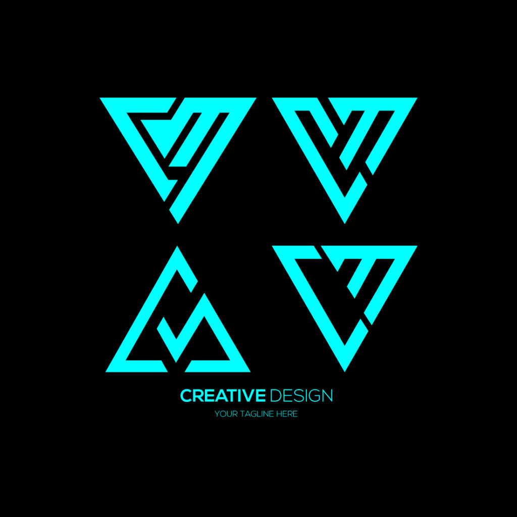 Set of letter CM Triangle shape logo design concept isolated on balck ...
