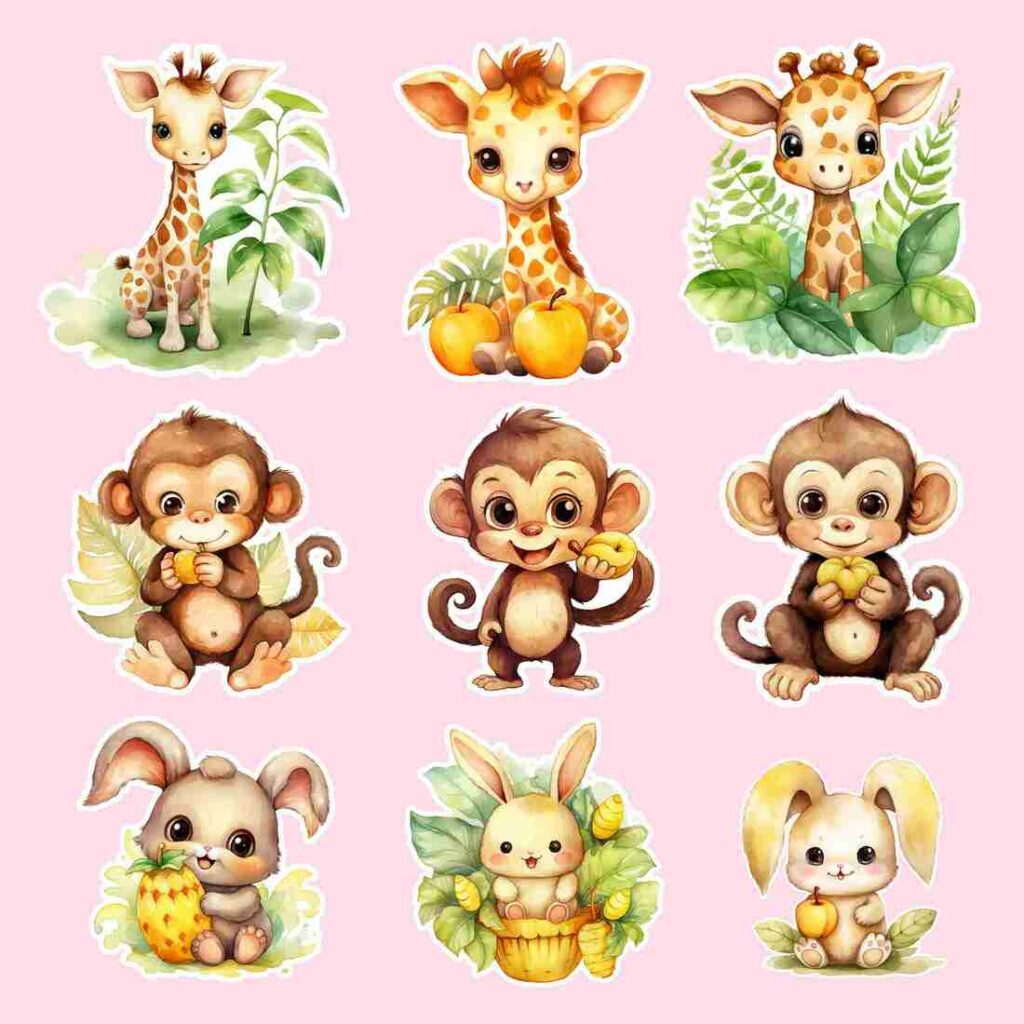Set of hand drawn watercolor illustration kawaii baby animals stickers ...