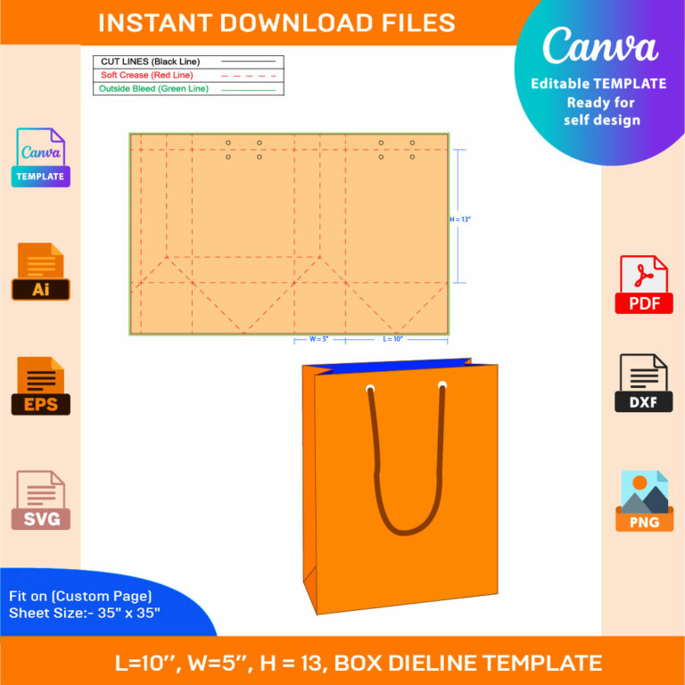 Tote Gift Box With Handles, Dieline Template, SVG, EPS, PDF, DXF, Ai ...