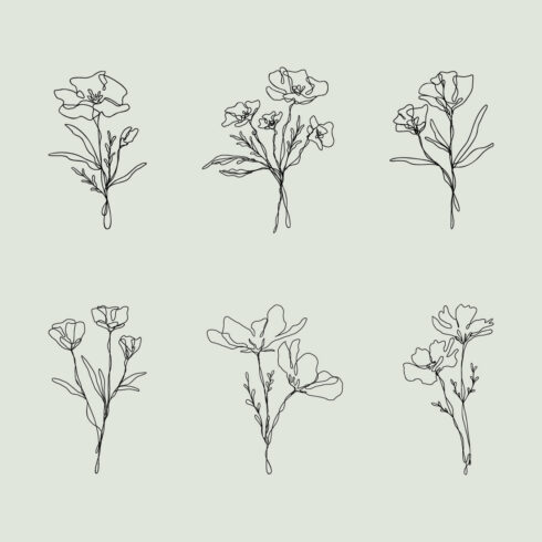 Floral Line Art Bundle Of 6 | Continuous Line Wildflower Designs ...