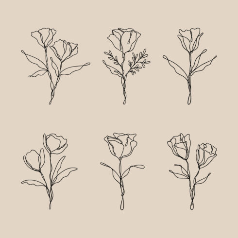 Floral Line Art Bundle Of 6 | Continuous Line Wildflower Design Set ...