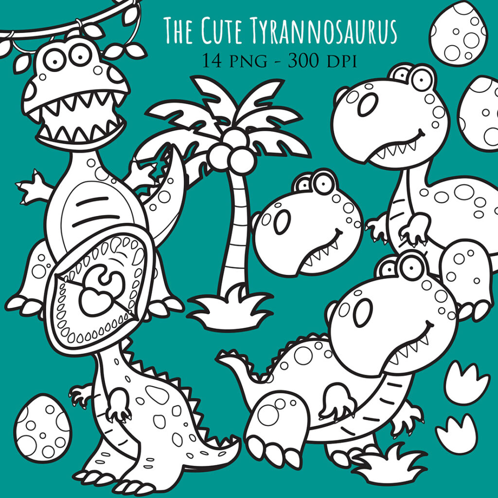 Animal Dinosaur Tryannosaurus Trex Ancient Funny and Cute Cartoon Digital Stamp Outline Black ...