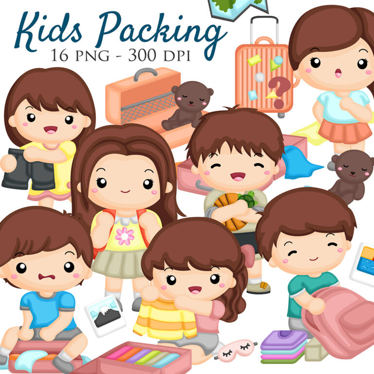 Happy Kids Prepare Packing for Holiday Vacation Trip Journey Cartoon ...