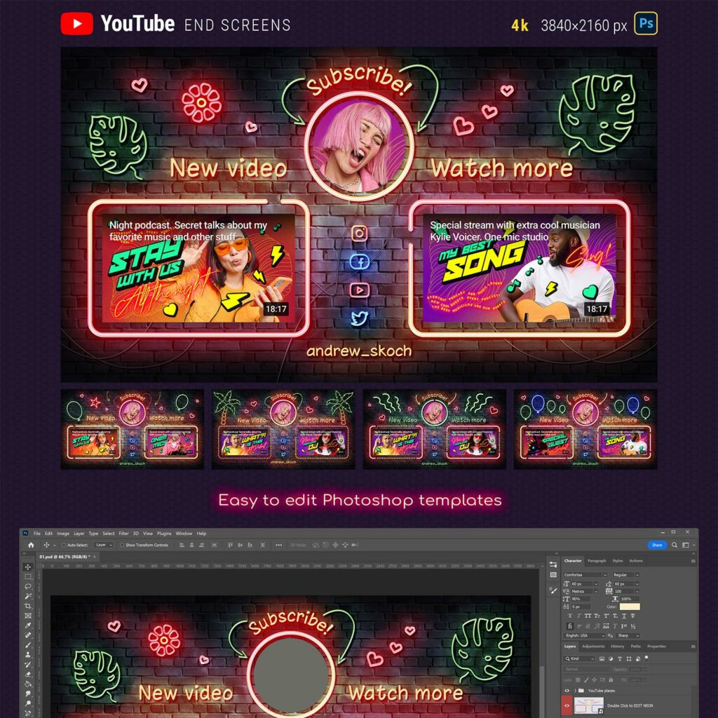 Neon YouTube End Screens - MasterBundles