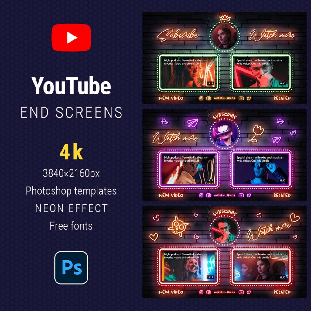 Neon YouTube End Screens - MasterBundles