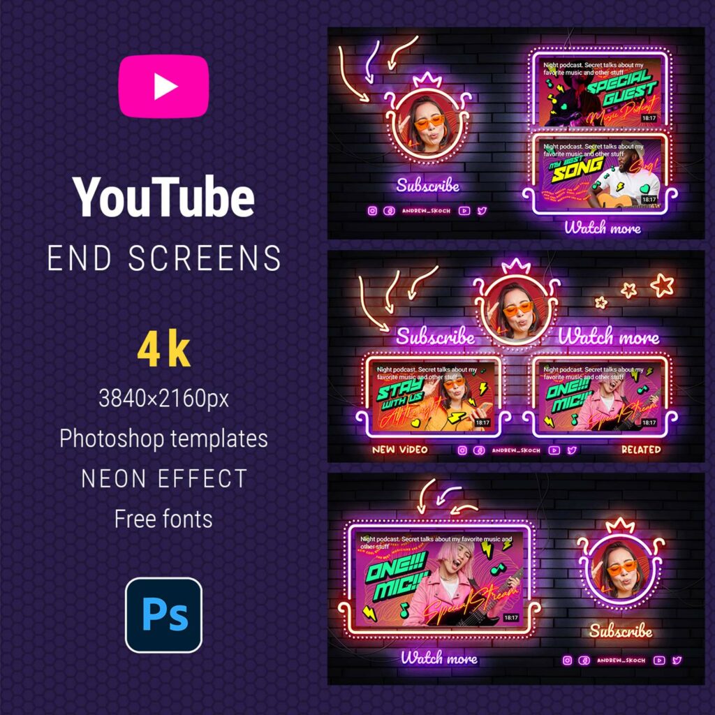 Neon YouTube End Screens - MasterBundles