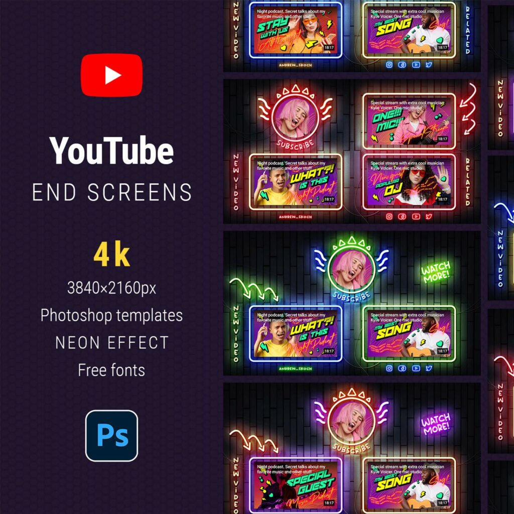 Neon YouTube End Screens - MasterBundles