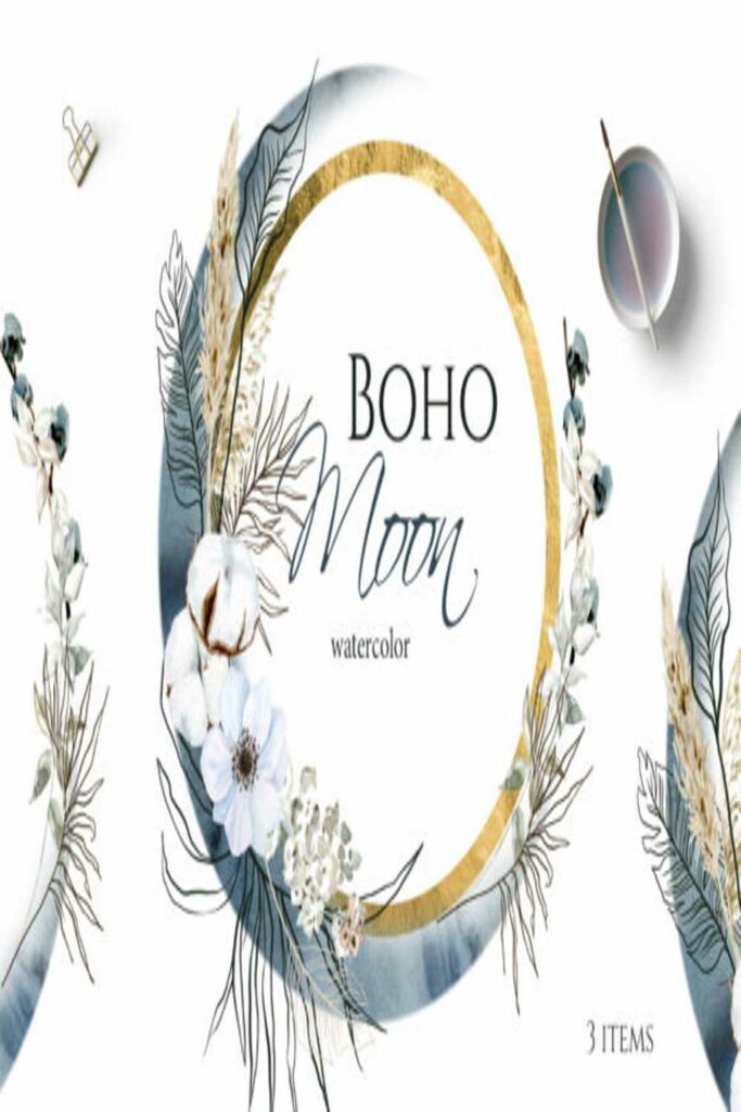 Boho Round Floral Frame with Blue Moon - MasterBundles