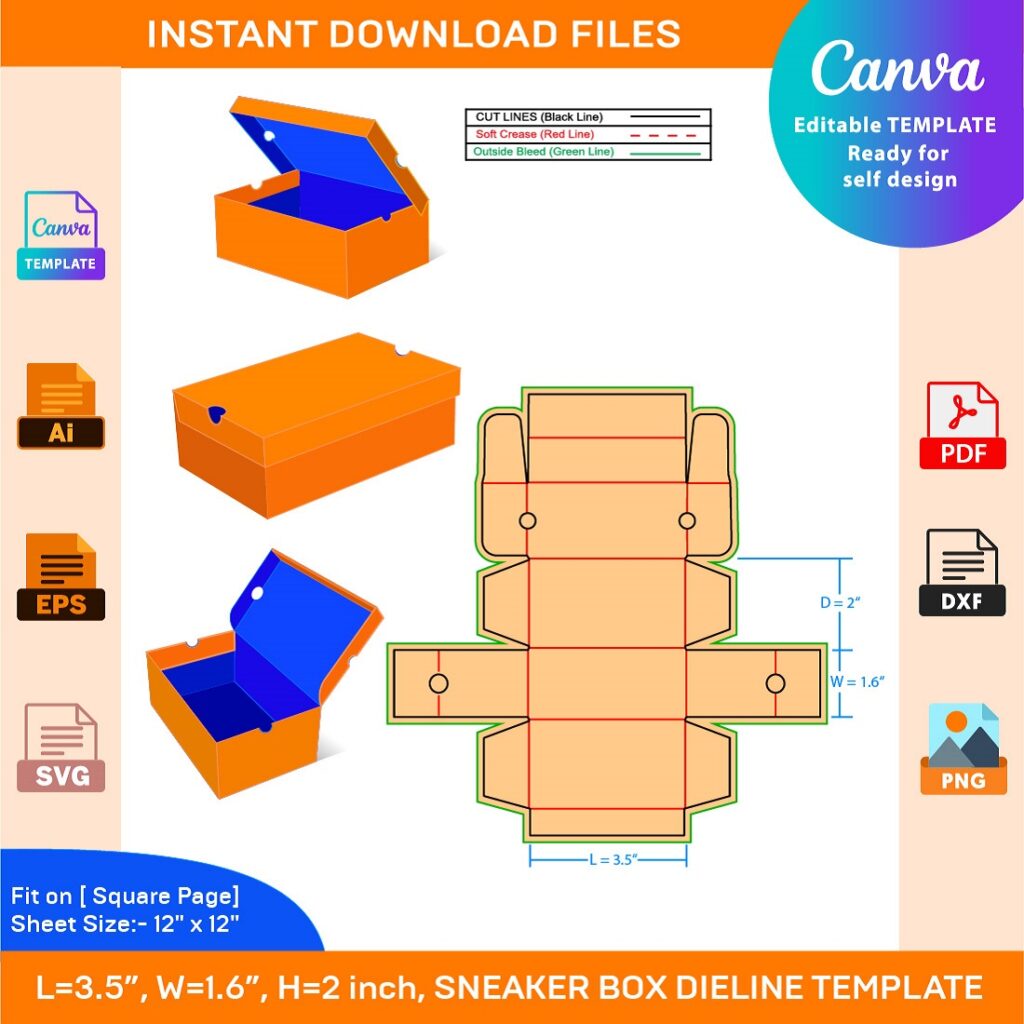 Kids Sneaker box Small size 3.5x 1.6x2 Inch Dieline Template ...