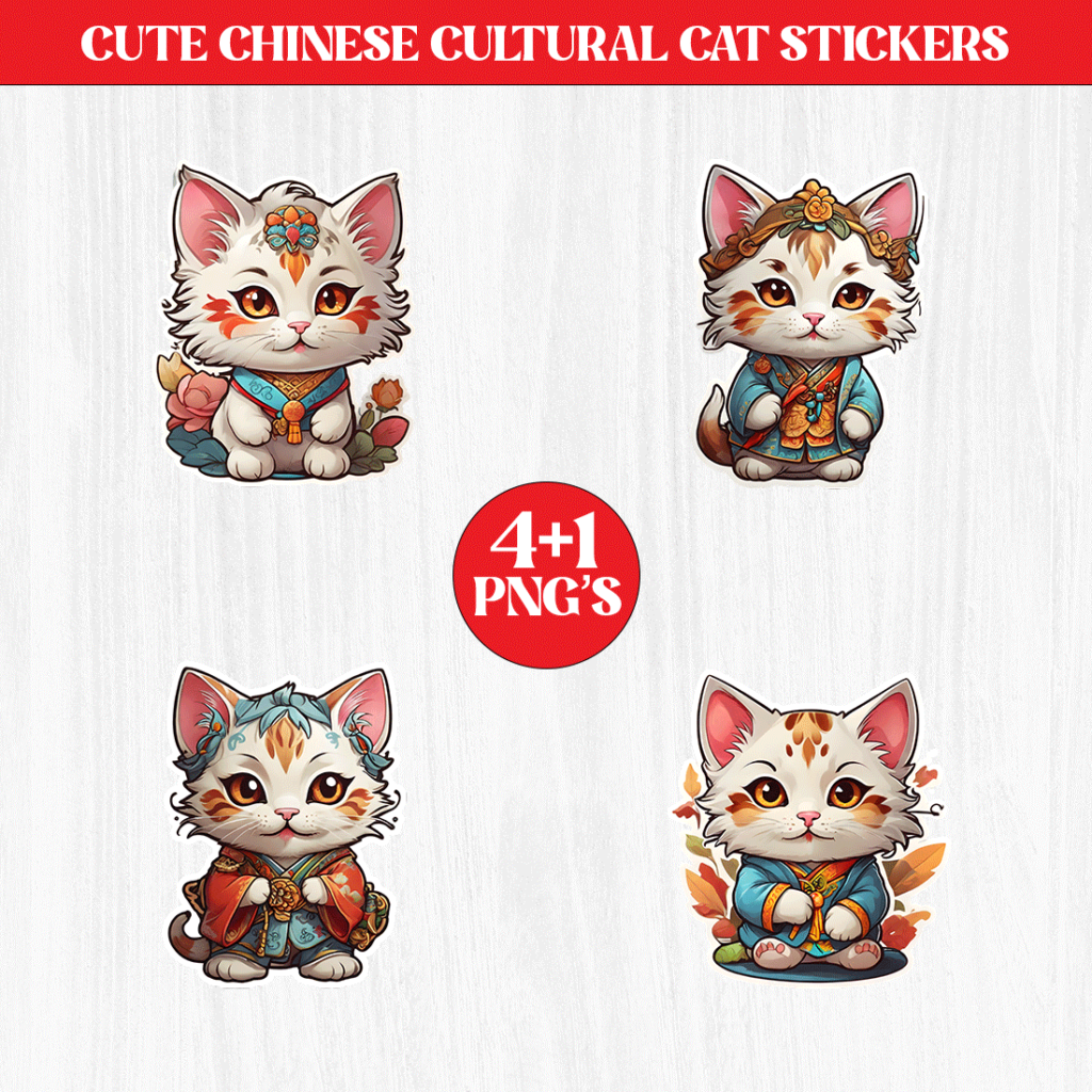 Cute Chinese Cultural Cat Stickers PNG’s - MasterBundles