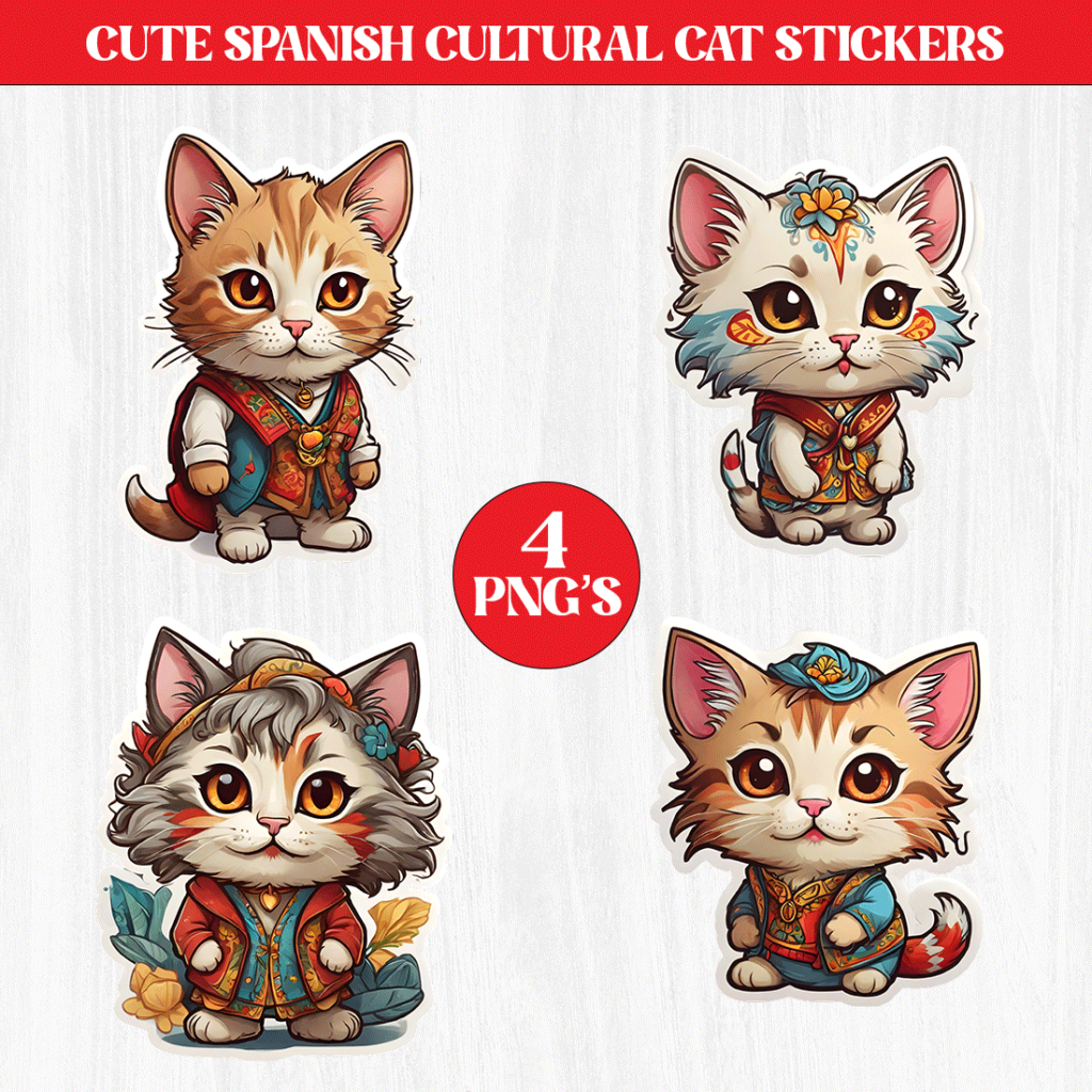 Cute Spanish Cultural Cat Stickers PNG’s - MasterBundles