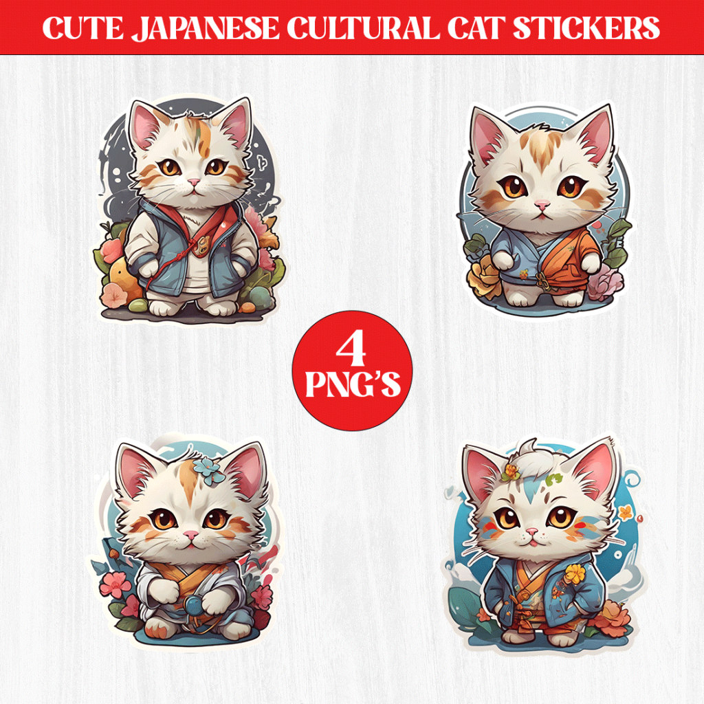 Cute Japanese Cultural Cat Stickers PNG’s - MasterBundles