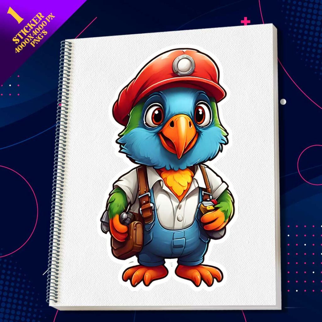 Cute Plumber Parrot Illustrational Sticker Unique - MasterBundles