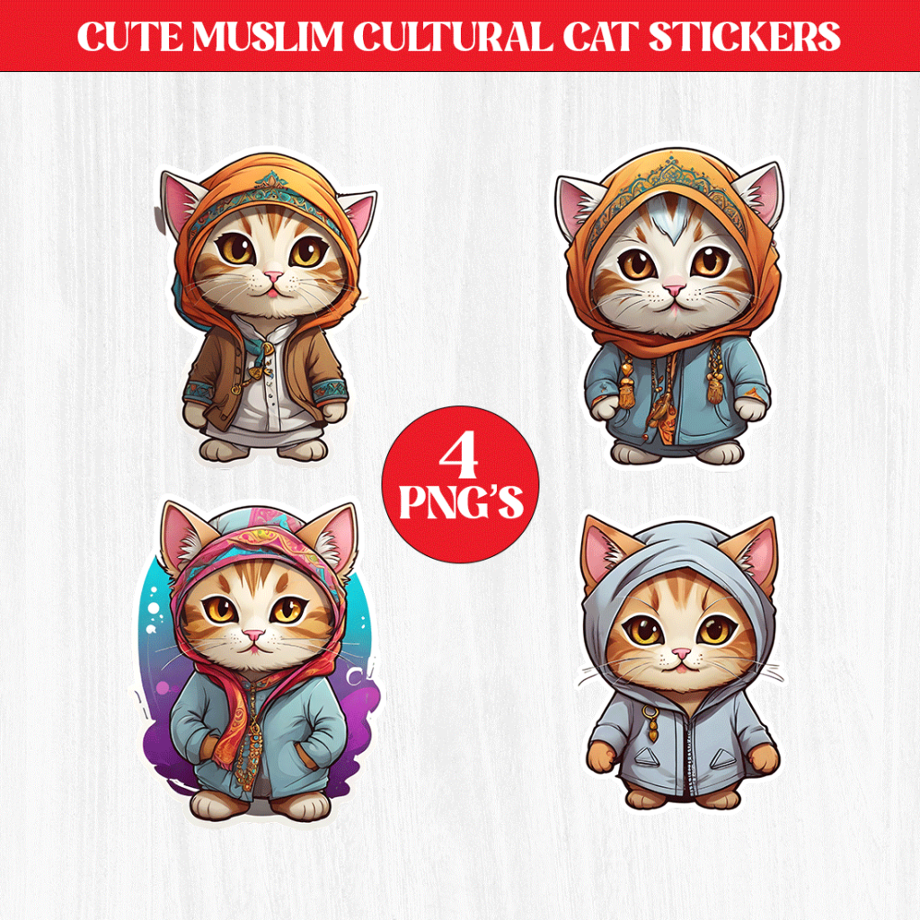 Cute Muslim Cultural Cat Stickers PNG’s - MasterBundles