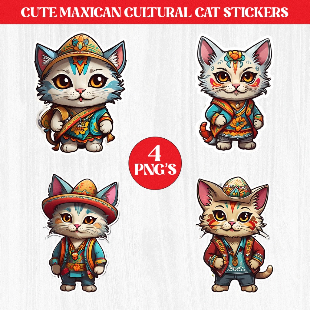 Cute Mexican Cultural Cat Stickers PNG’s - MasterBundles