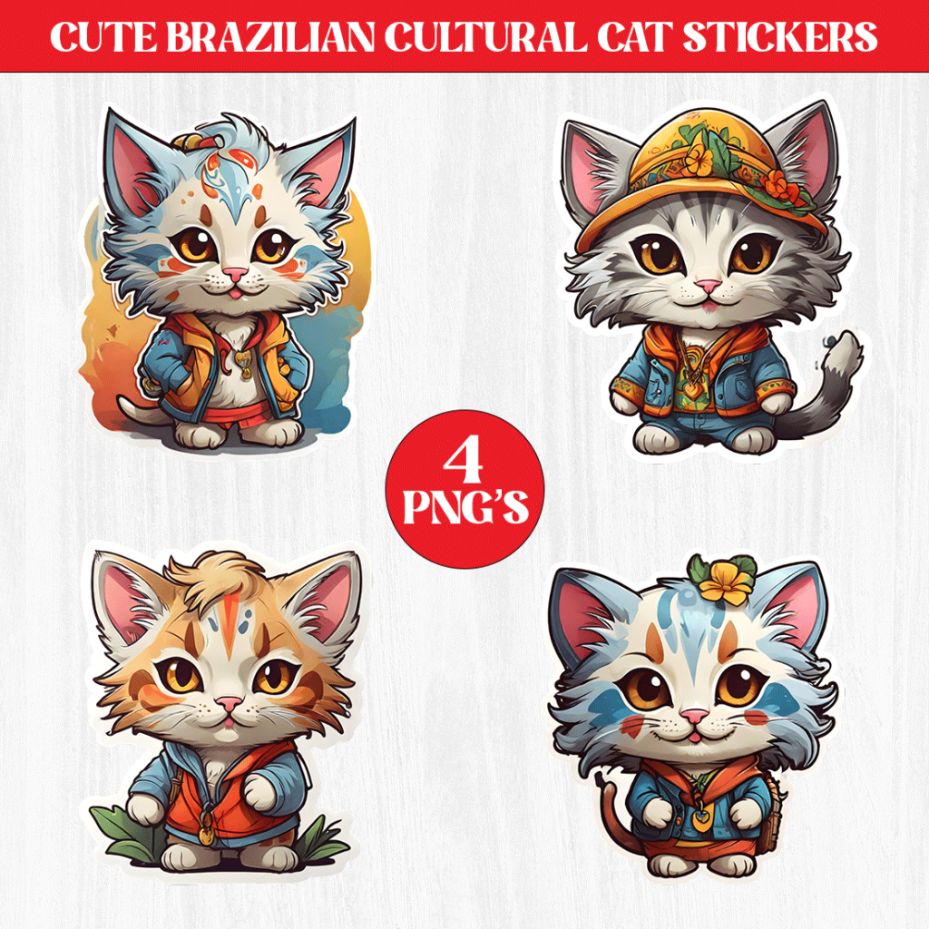Cute Brazilian Cultural Cat Stickers PNG’s - MasterBundles