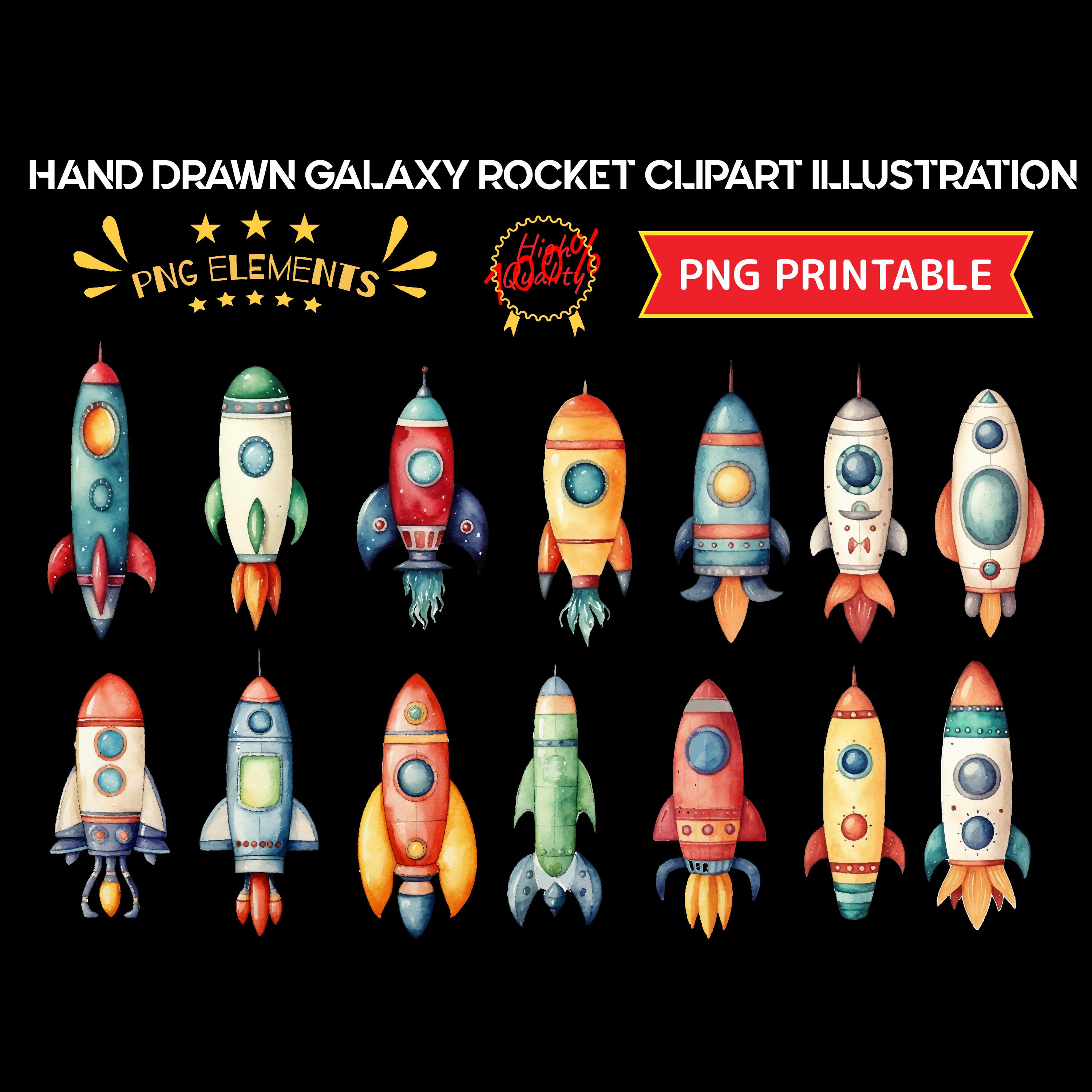 Watercolor vintage galaxy rocket clipart illustration on white PNG ...