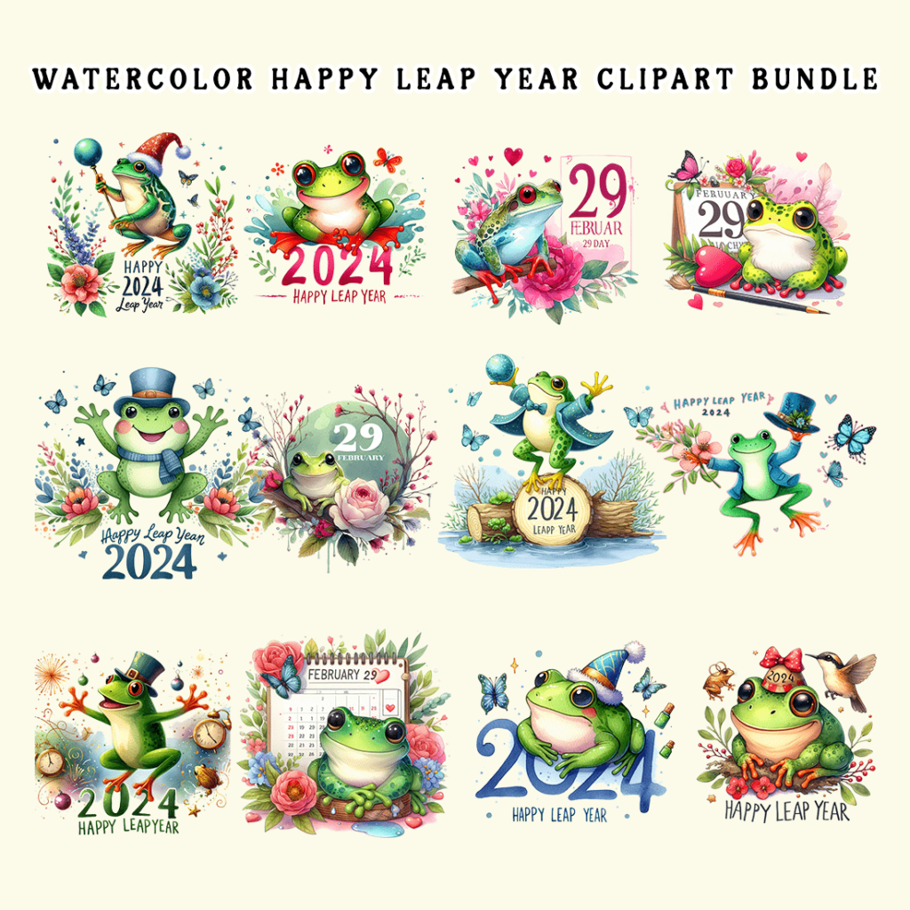 Watercolor Happy Leap Year Clipart Bundle - MasterBundles