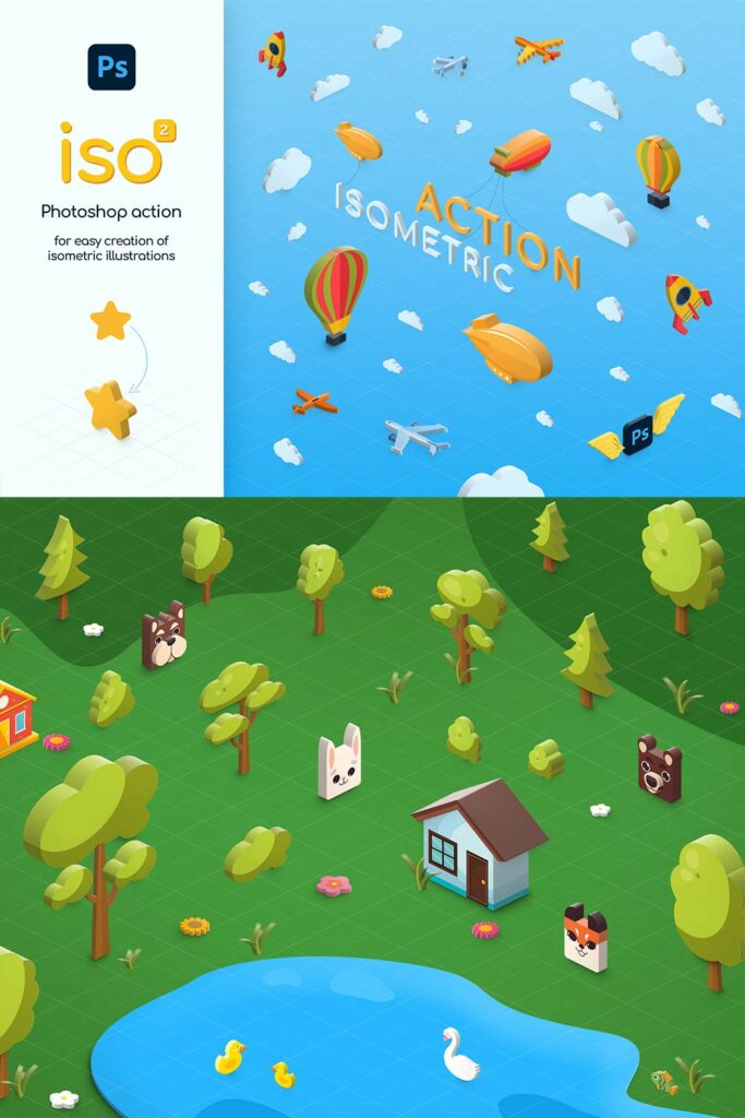 Isometric illustration Photoshop action - MasterBundles