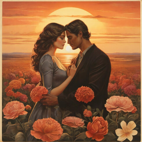 postcard, sunset, man, woman, flowers, cat - MasterBundles