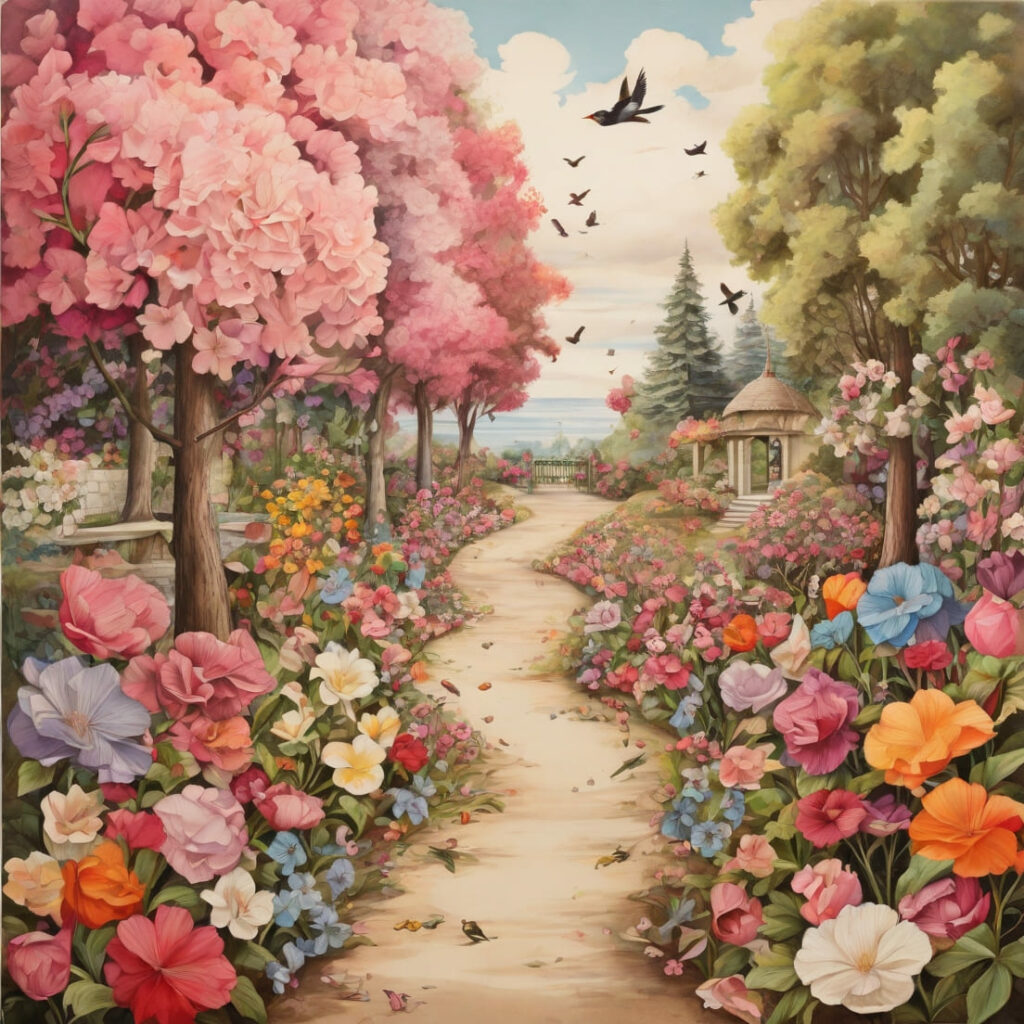 postcard, trees, birds, path of petals, flower garden - MasterBundles