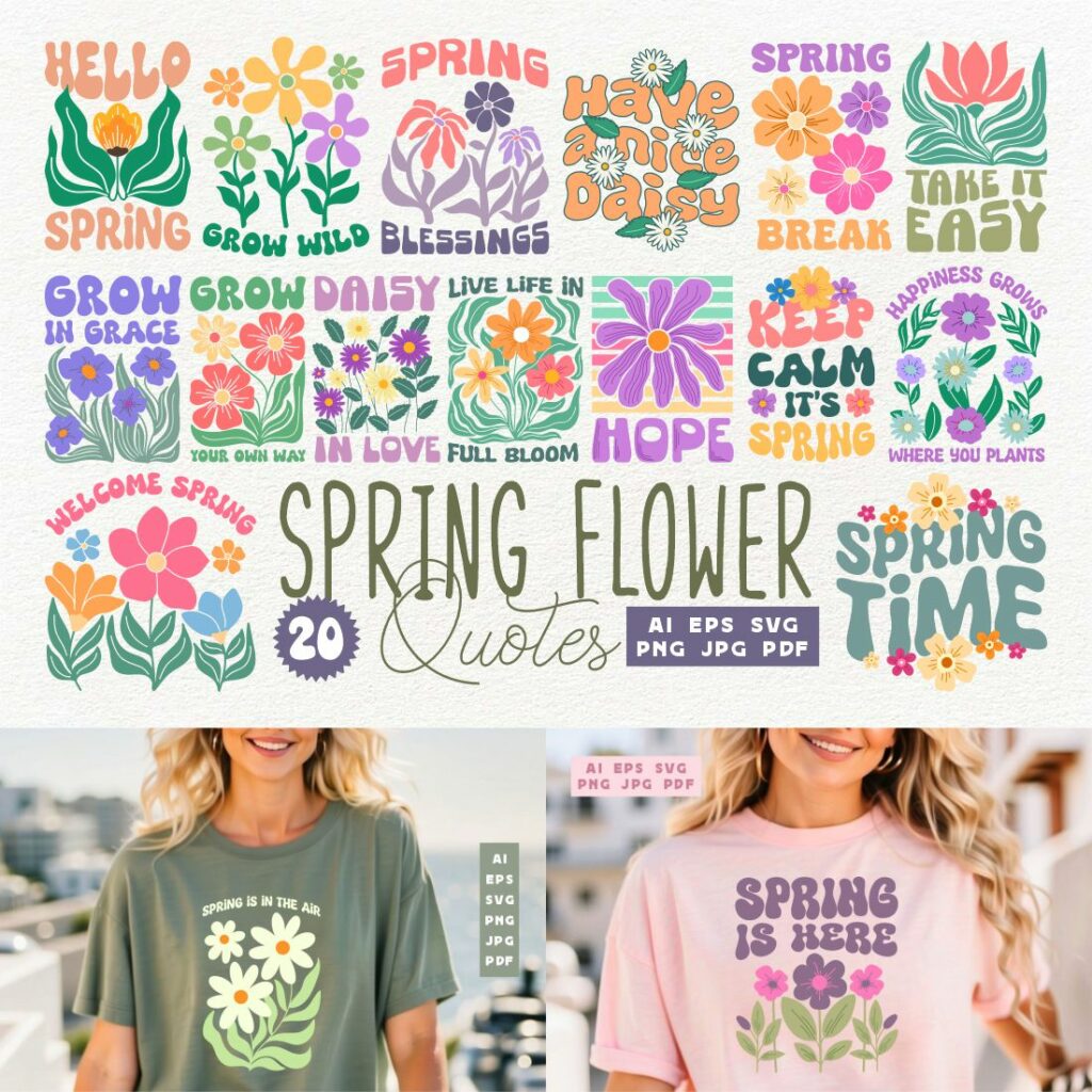Retro Spring Flowers Quotes SVG PNG T shirt Designs Bundle - MasterBundles