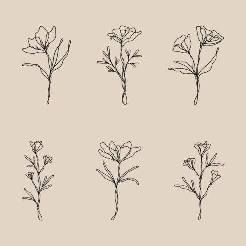 Floral Line Art Bundle Of 6 | Continuous Line Wildflower Design Set ...