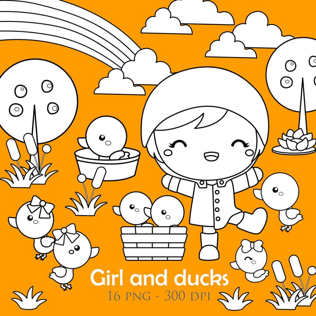 Cute and Happy Girls Kids and Animal Ducks Playing Activity Park Garden ...