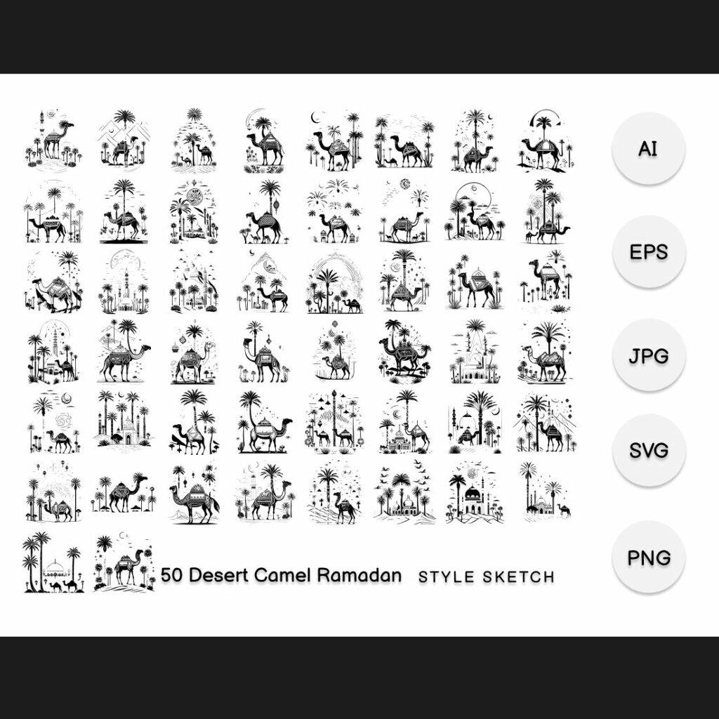 Desert Camel Ramadan Element Draw Black - MasterBundles
