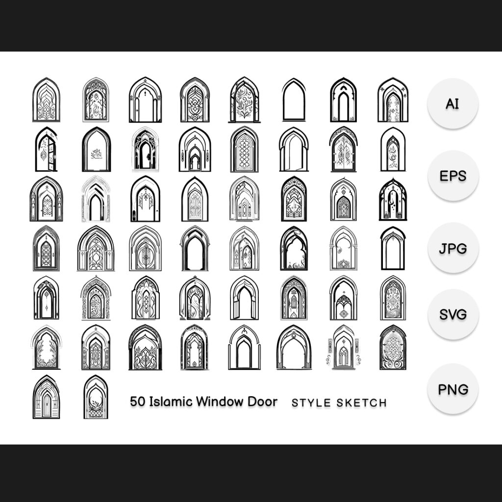 Islamic Window Door Element Draw Black - MasterBundles