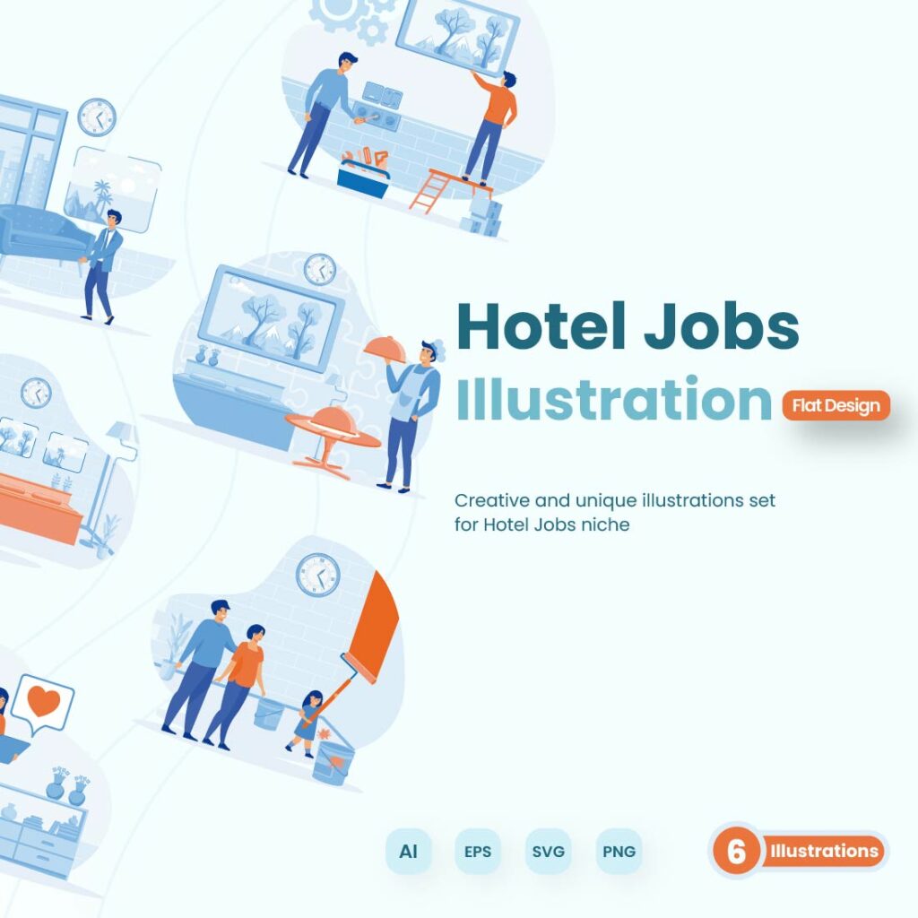 6 Illustrations Related to Activities & Work in Hotels - MasterBundles