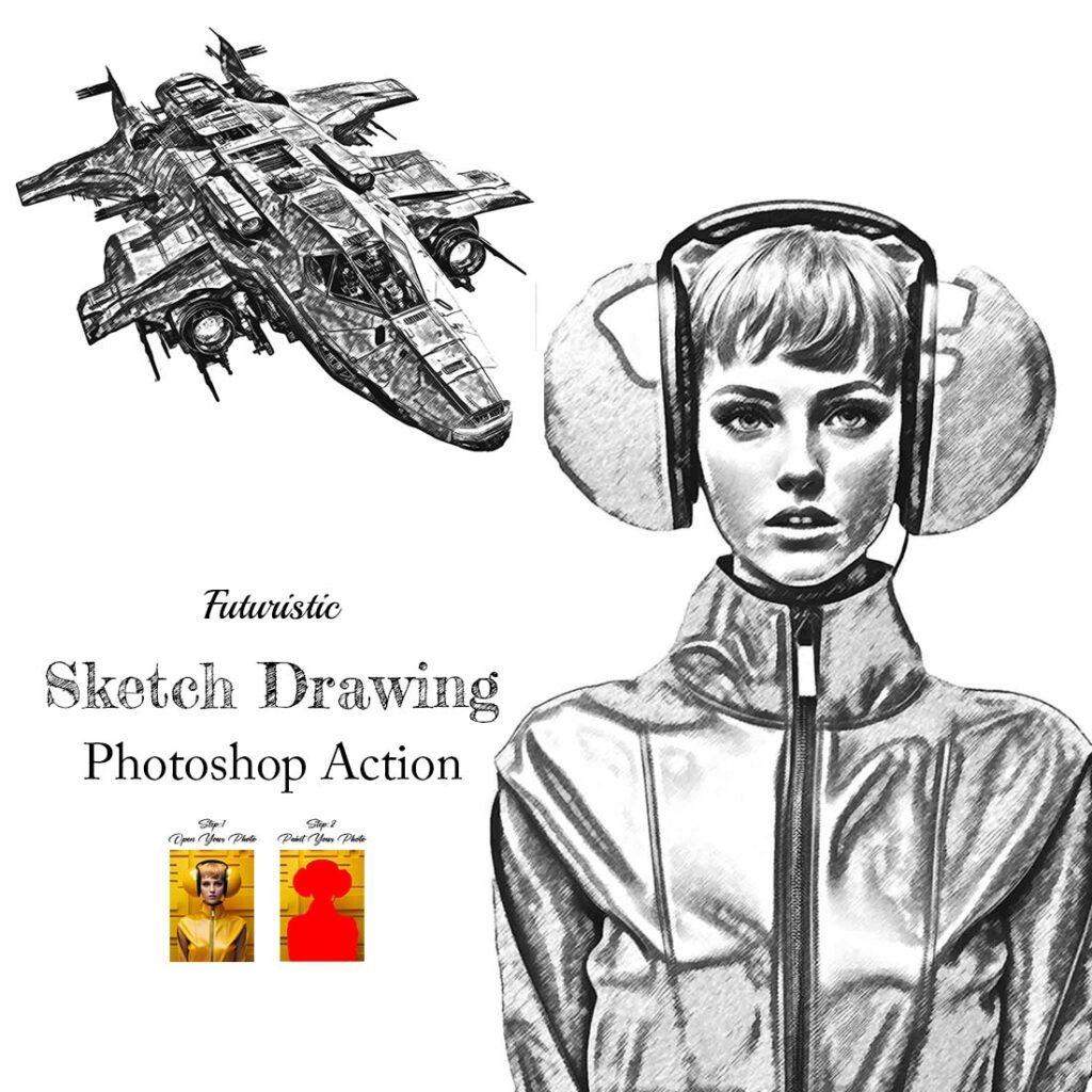 Futuristic Sketch Drawing Photoshop Action - MasterBundles