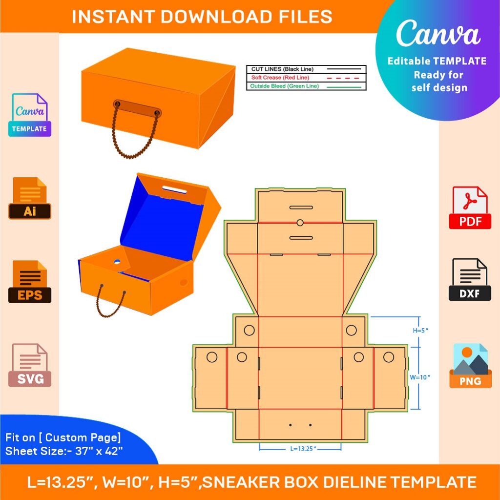 Rope Handle Shoe Box Dieline of Large size 13.25 x 10 x 5 Inch ...