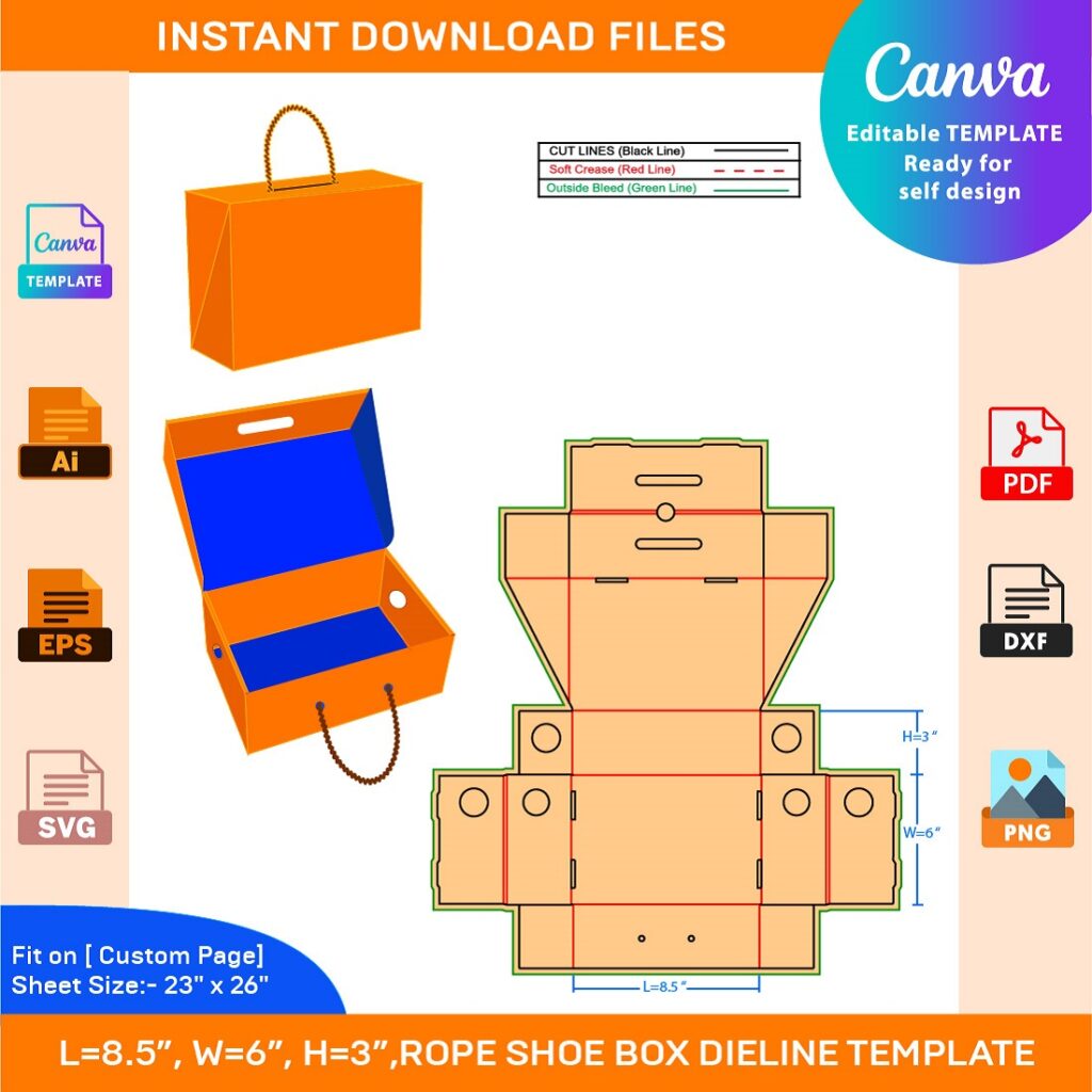 Rope Handle Shoe Box Dieline template of Mini size 8.5 x 6 x 3 Inches ...