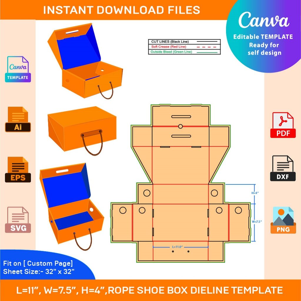 Rope Handle Shoe Box Dieline template of Small size 11 x 7.5 x 4 Inch ...