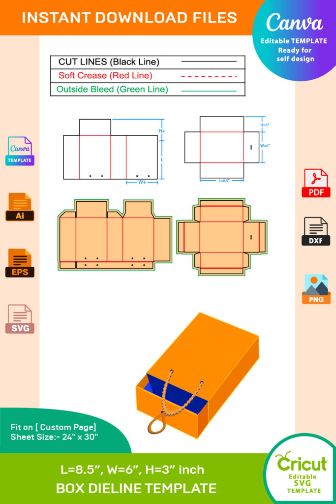 Sliding box of mini size 8.5x6x3 inch Dieline Template-01 - MasterBundles