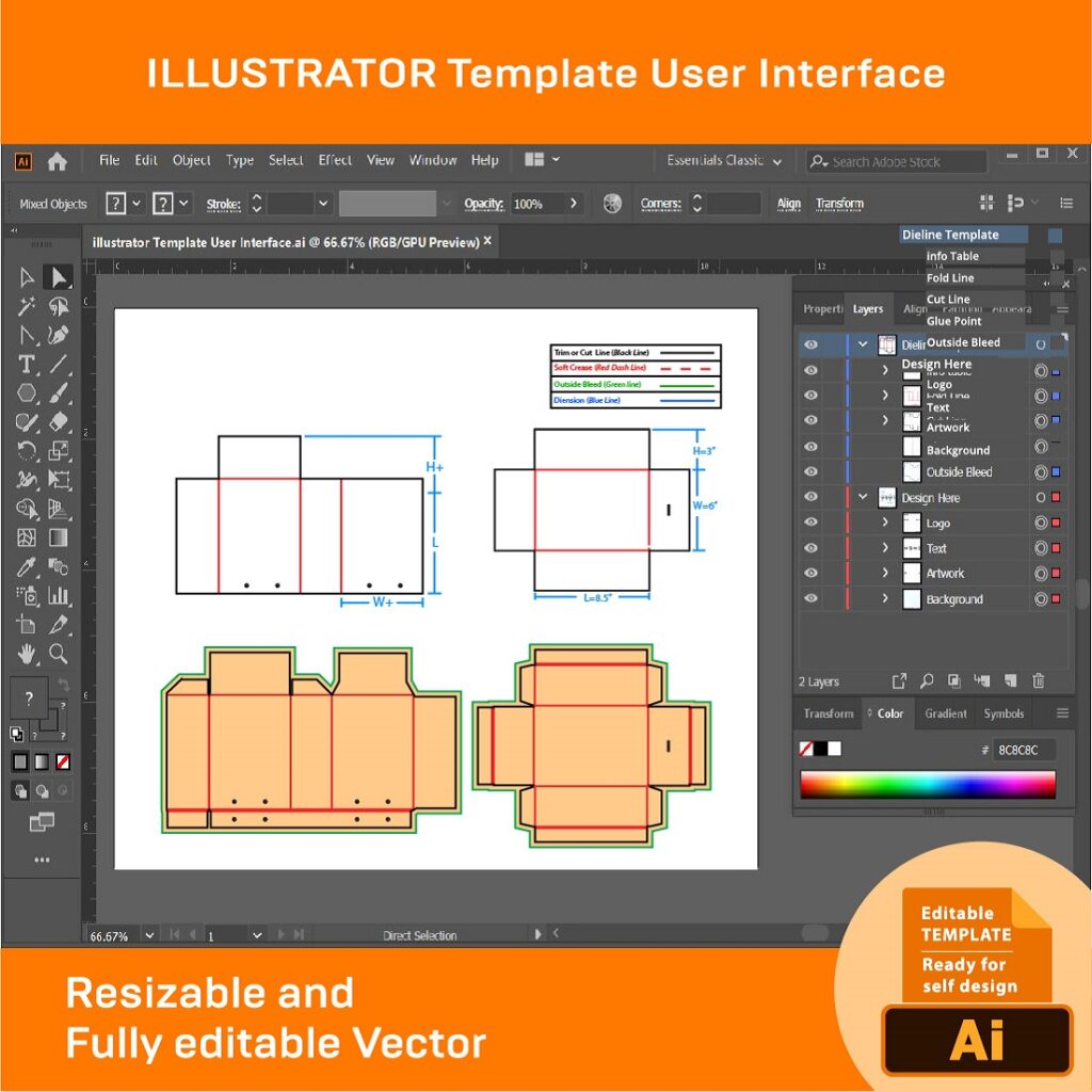 Sliding box of mini size 8.5x6x3 inch Dieline Template-01 - MasterBundles
