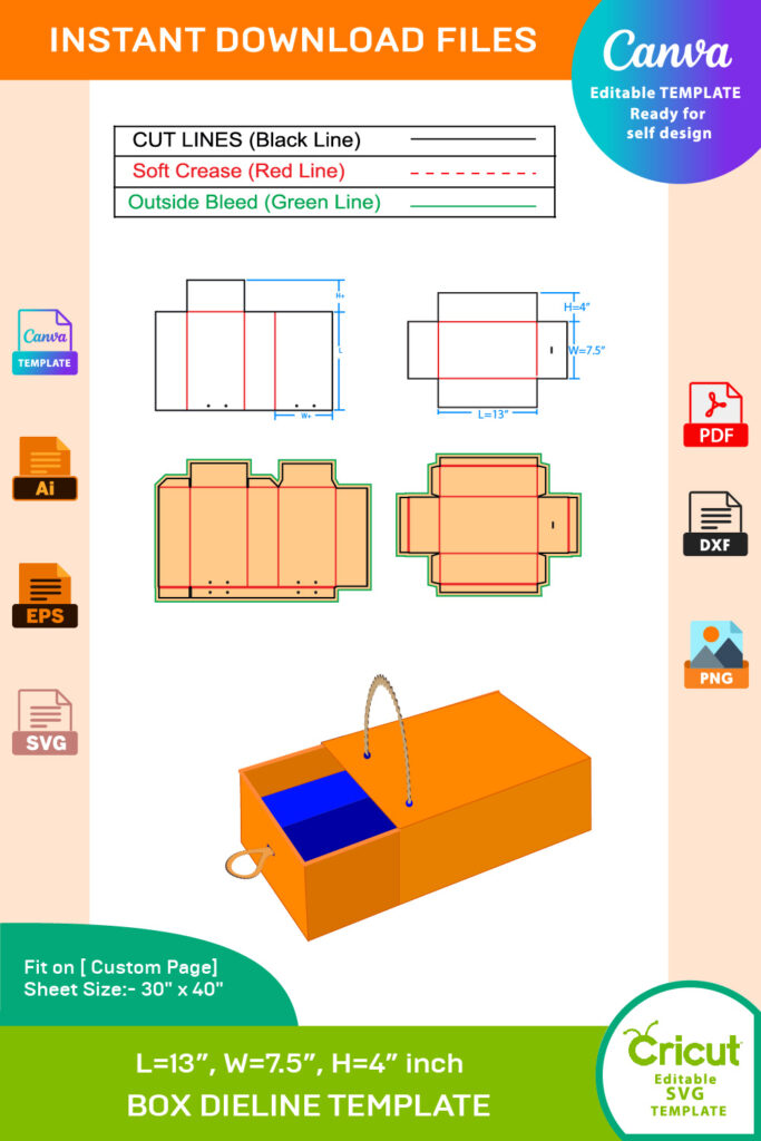 Sliding Shoe Box Medium size- 13 X 7.50 X 4 Inch Dieline Template ...