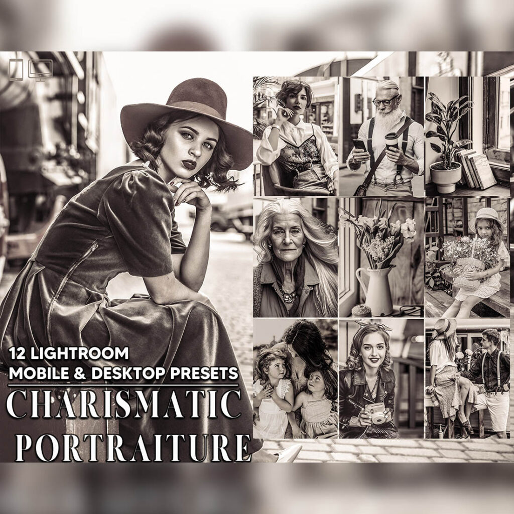 12 Charismatic Portraiture Lightroom Presets, Sepia Mobile Preset, Vintage Desktop LR Filter ...