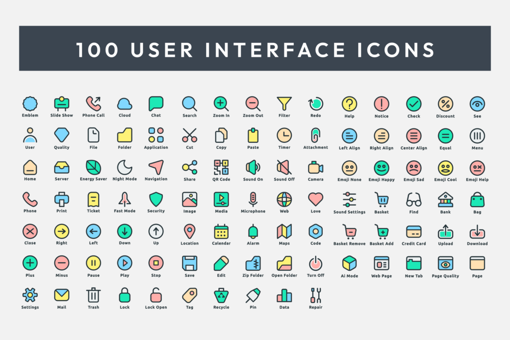 100 Standard User Interface Icons - 3 Style Included - MasterBundles