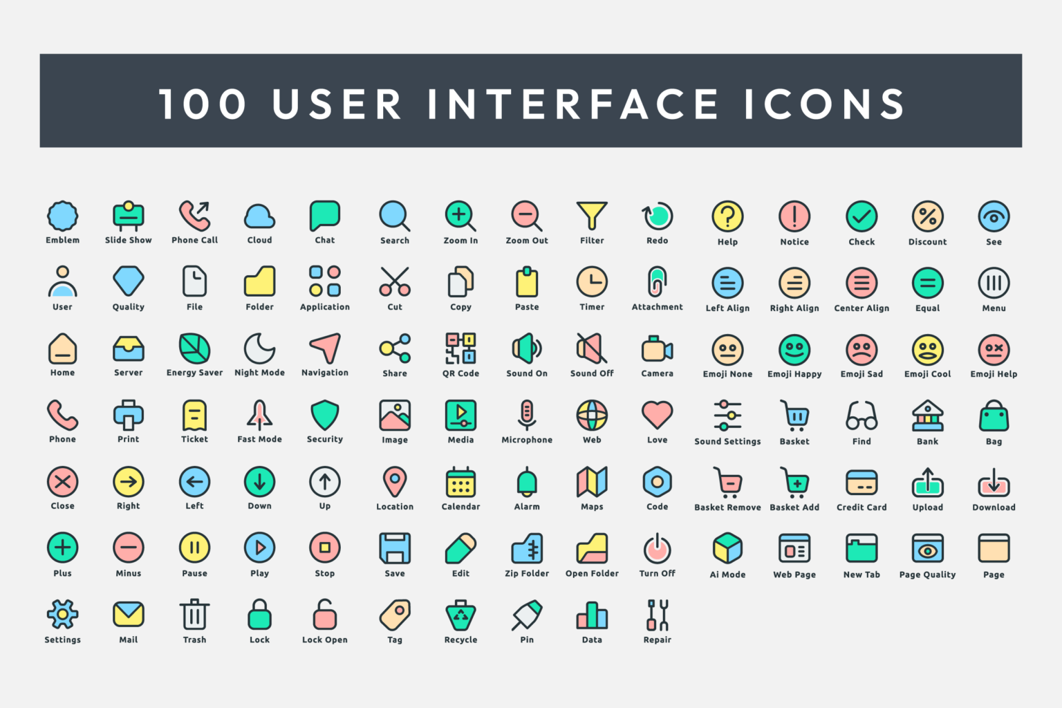100 Standard User Interface Icons - 3 Style Included - MasterBundles