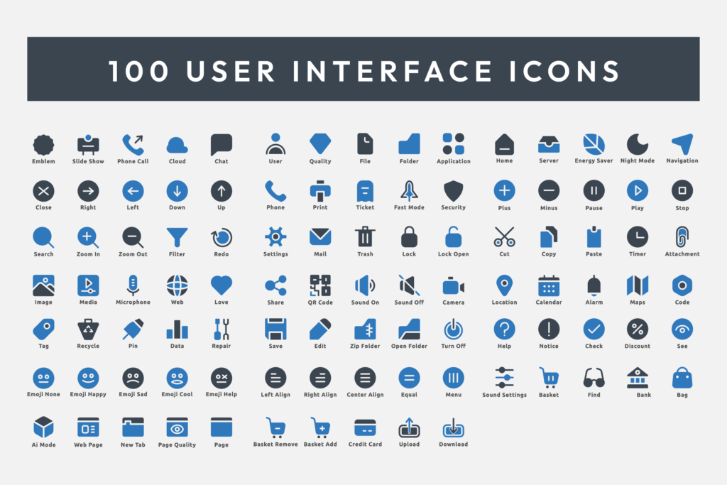 100 Standard User Interface Icons - 3 Style Included - MasterBundles