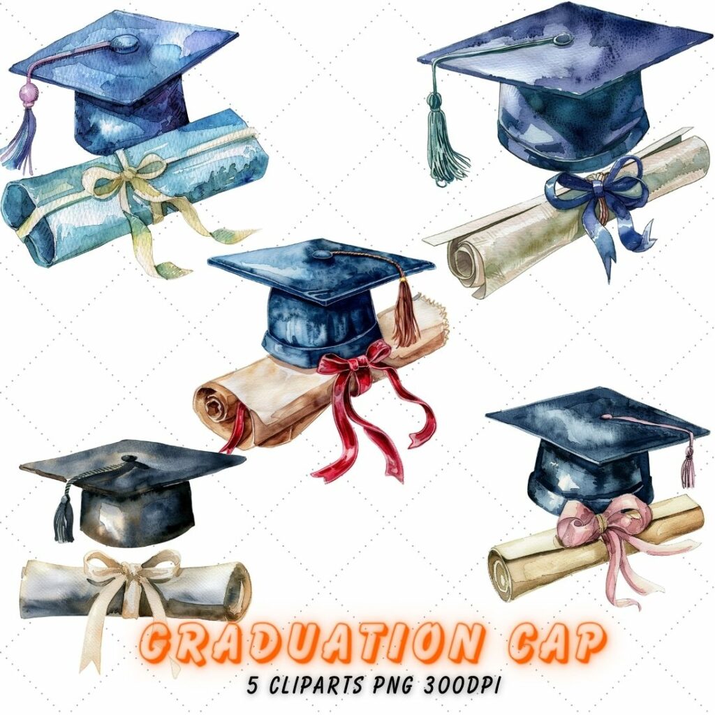Watercolor graduation cap and diploma Clipart Bundle, diploma clipart ...