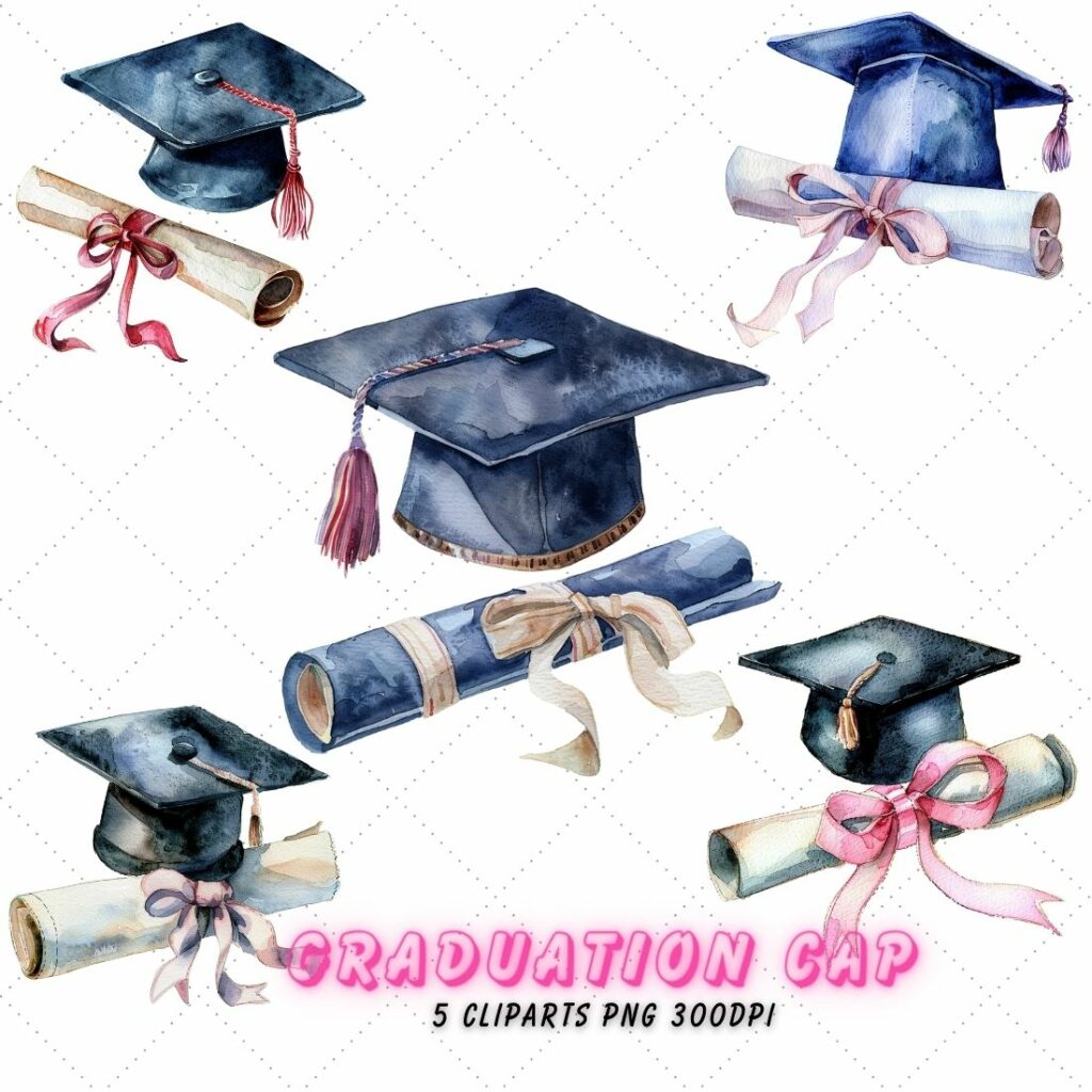 Watercolor graduation cap and diploma Clipart Bundle - MasterBundles