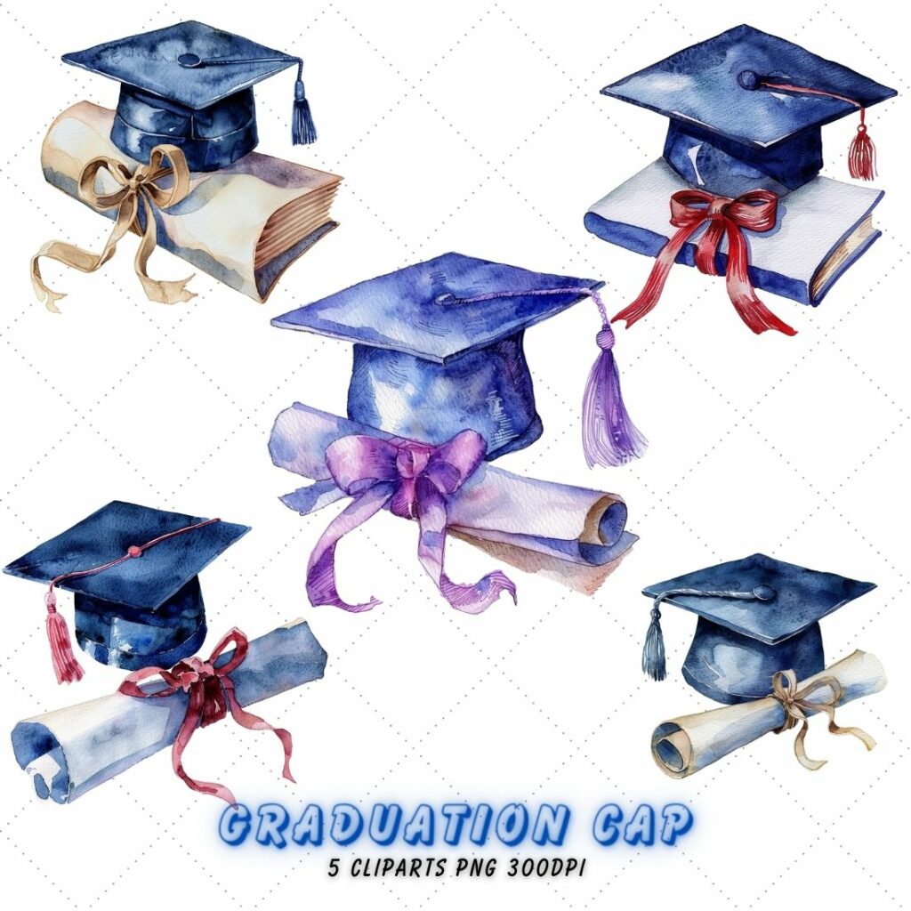 Watercolor Graduation Cap and Diploma Clipart Bundle, Watercolor ...